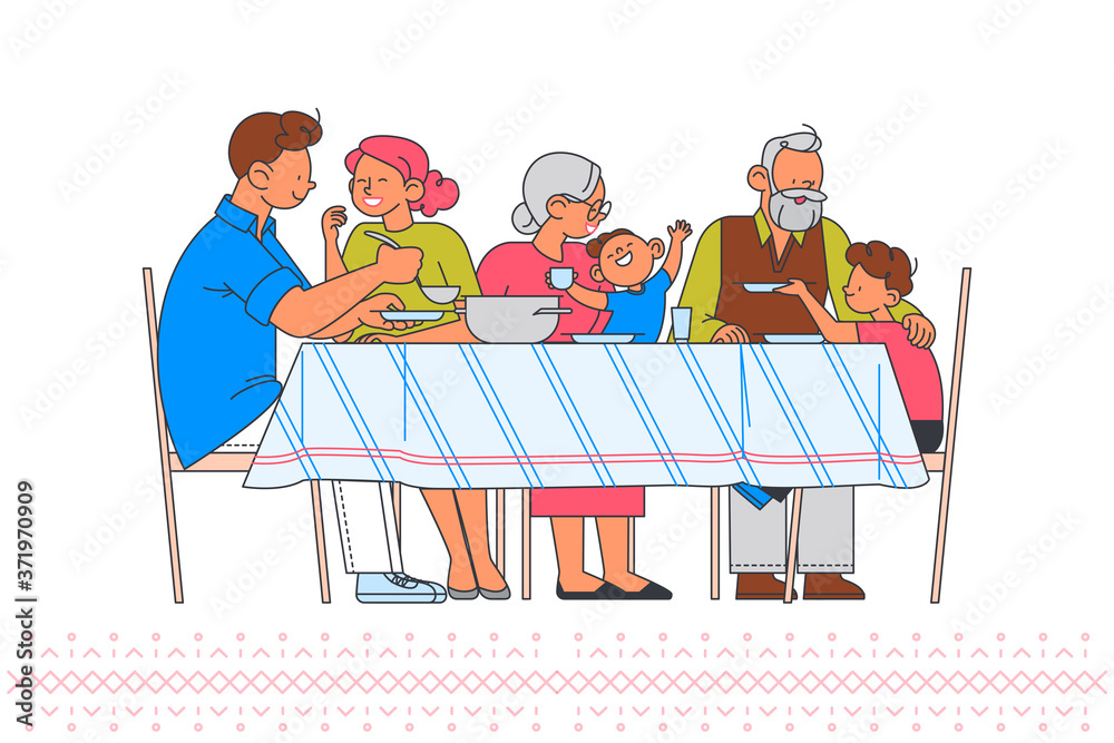 Family at the table portrait. Happy parents, grandparents and children ...