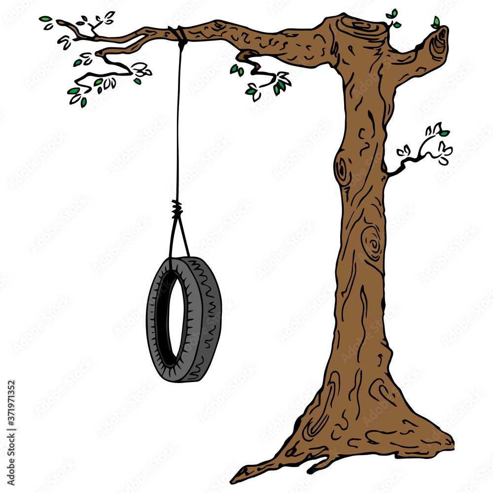 Children's swing on a tree branch. Swing from the car tire. Wheel tied ...