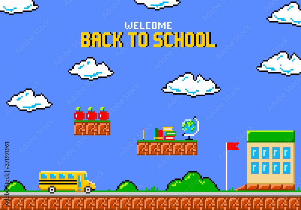 Back to school pixel art greeting card. Yellow school bus in style of ...