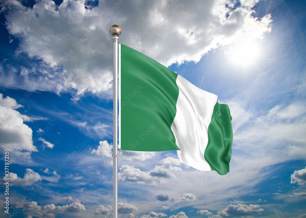 Realistic flag. 3D illustration. Colored waving flag of Nigeria on ...