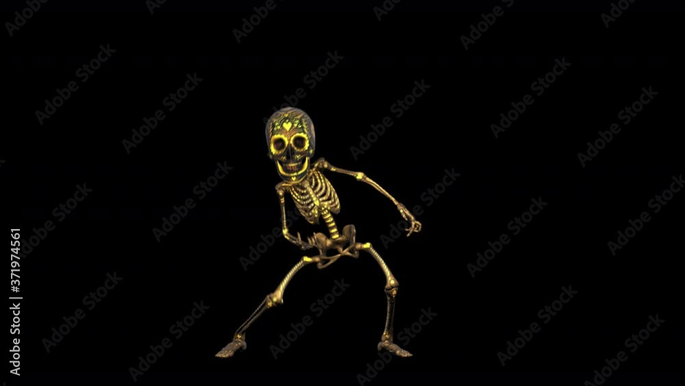 Seamless elegant animation gold metal dancing skeleton with shiny ...