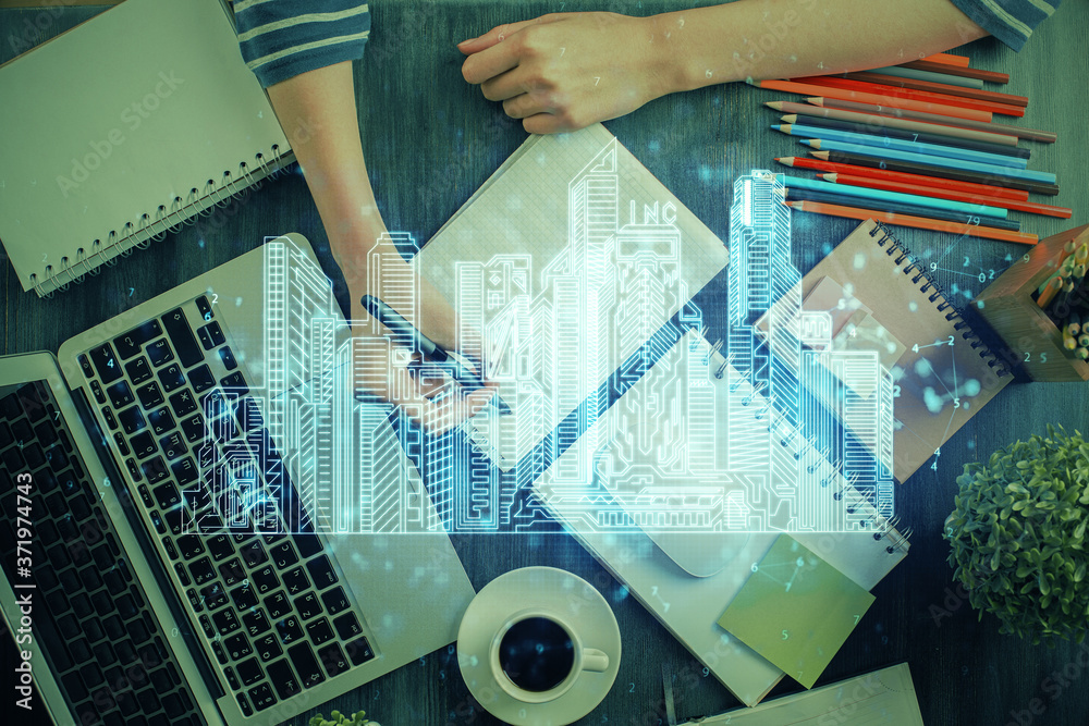 IOT drawing over writing hands in notepad background. Concept of smart ...