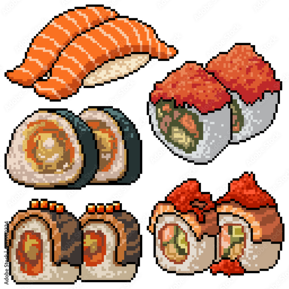 pixel art set isolated fancy sushi Stock Vector | Adobe Stock