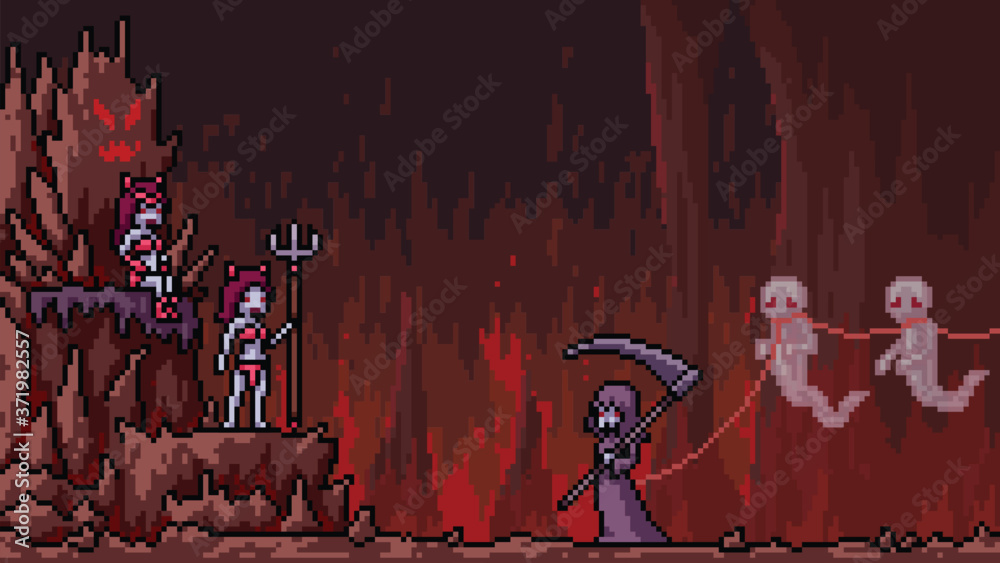 pixel art scene hell demon reaper Stock-Vektorgrafik | Adobe Stock
