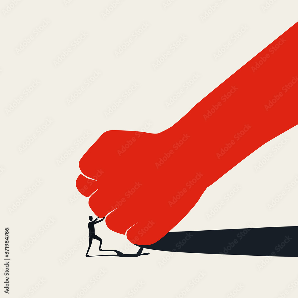 David vs Goliath business concept with small man fighting big fist ...