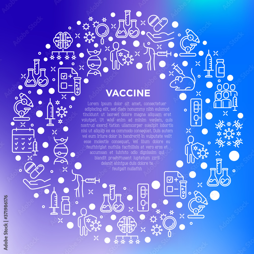 Vaccine concept in circle with thin line icons: syringe and ampoule ...