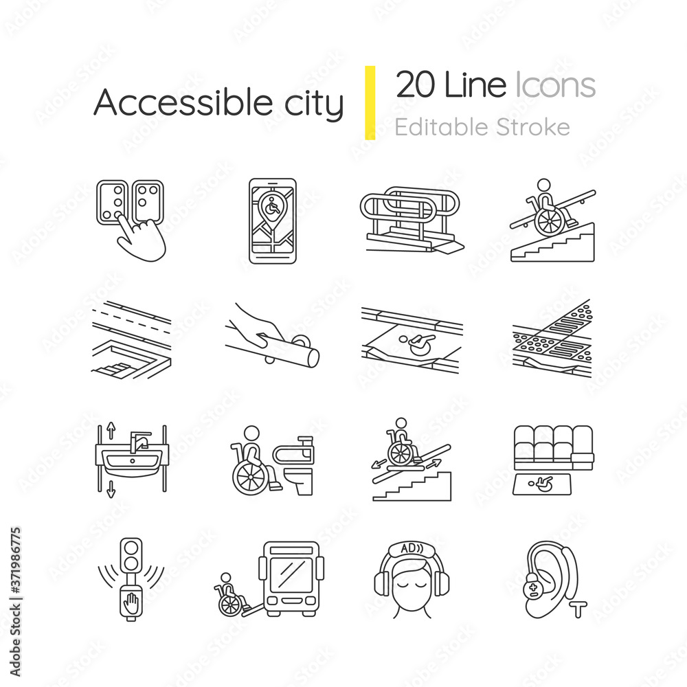 Accessibility facilities linear icons set. Handrails and stair lift ...