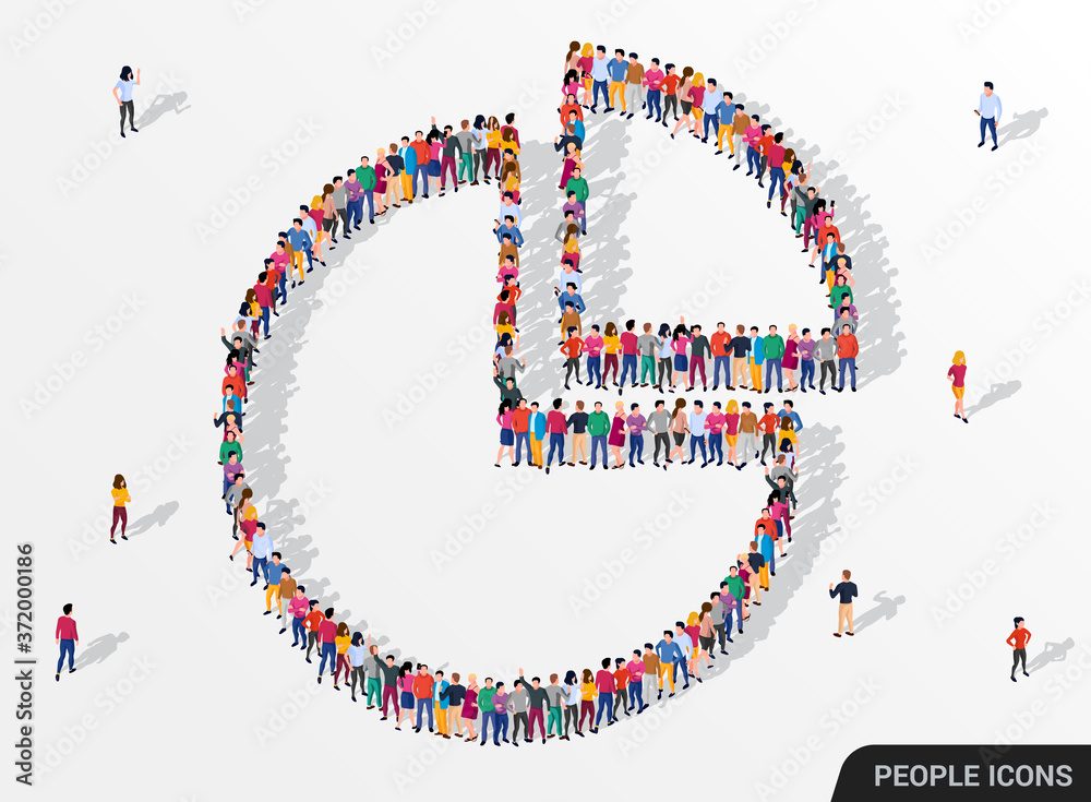 People crowd in form of pie chart composed of people. Statistic concept ...