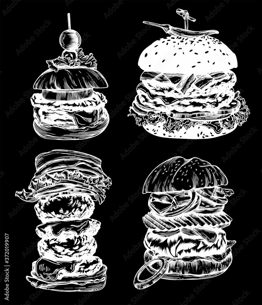 Raster Illustration of different burgers. With detailed black-and-white ...