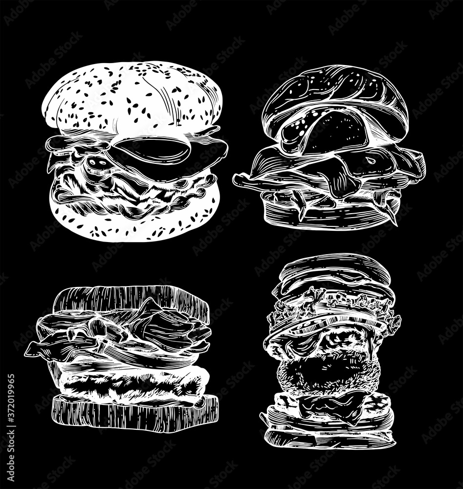 Raster Illustration of different burgers. With detailed black-and-white ...