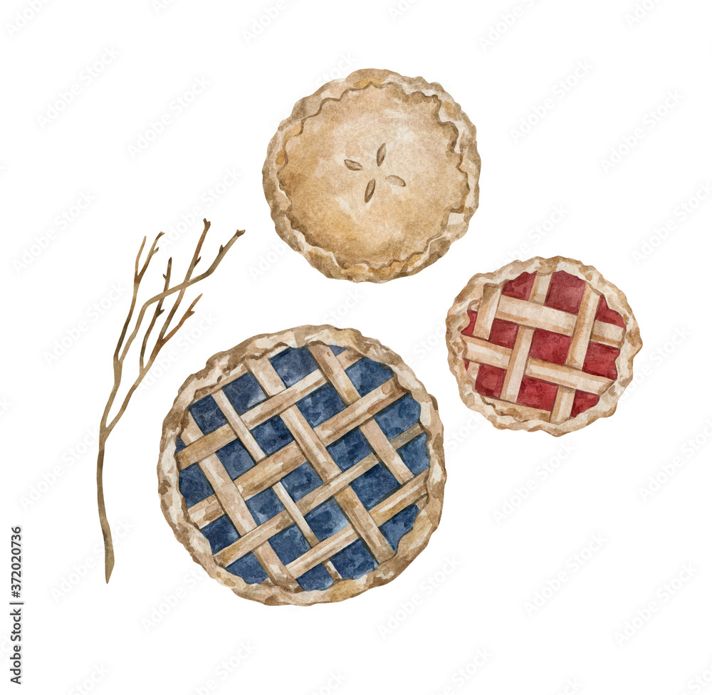 Watercolor clip art with pie. Tasty autumn treats. Cherry and blueberry ...