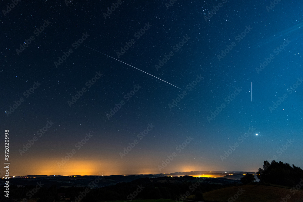 Perseid Meteor Shower. Falling Star at Dark Sky. Night of Shooting ...