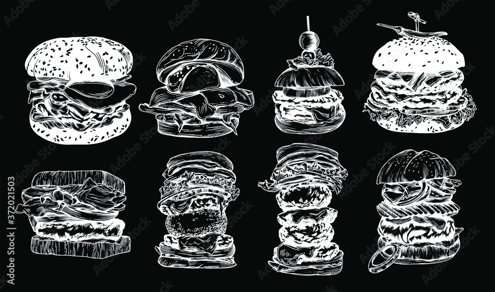 Raster Illustration of different burgers. With detailed black-and-white ...