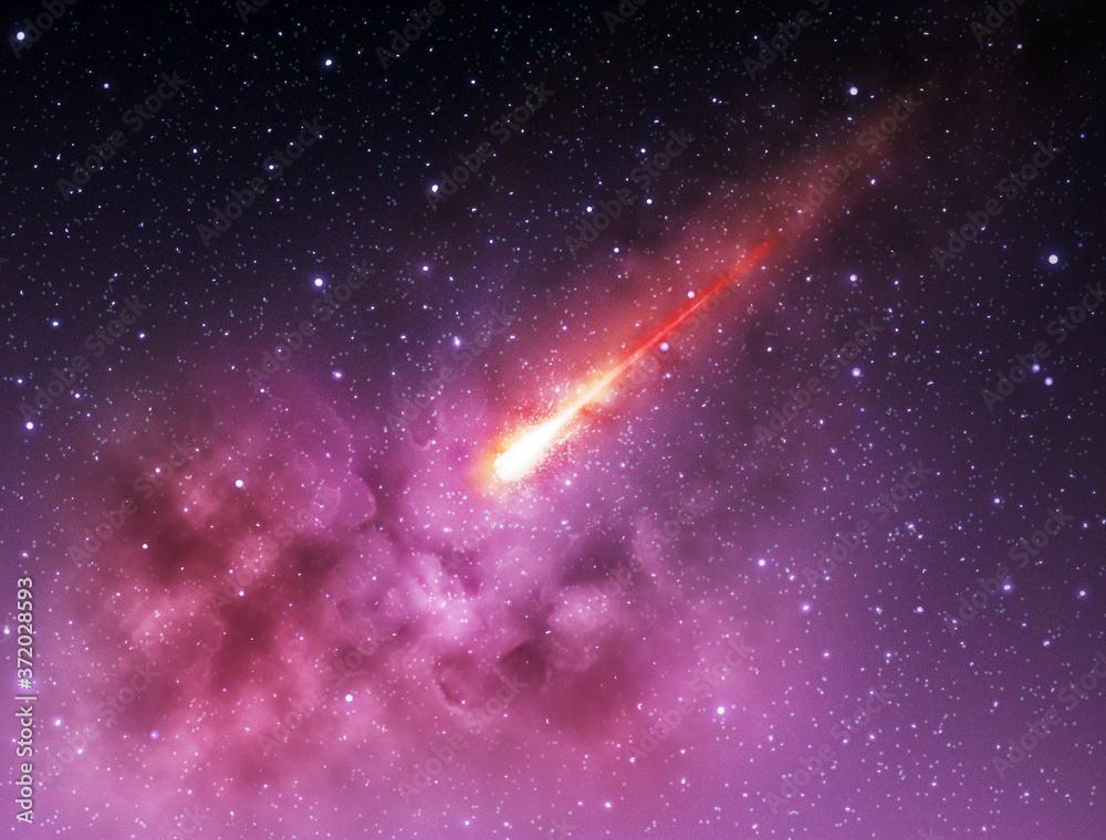 Red Comet Asteroid fall Meteorite in galaxy starry sky abstract ...