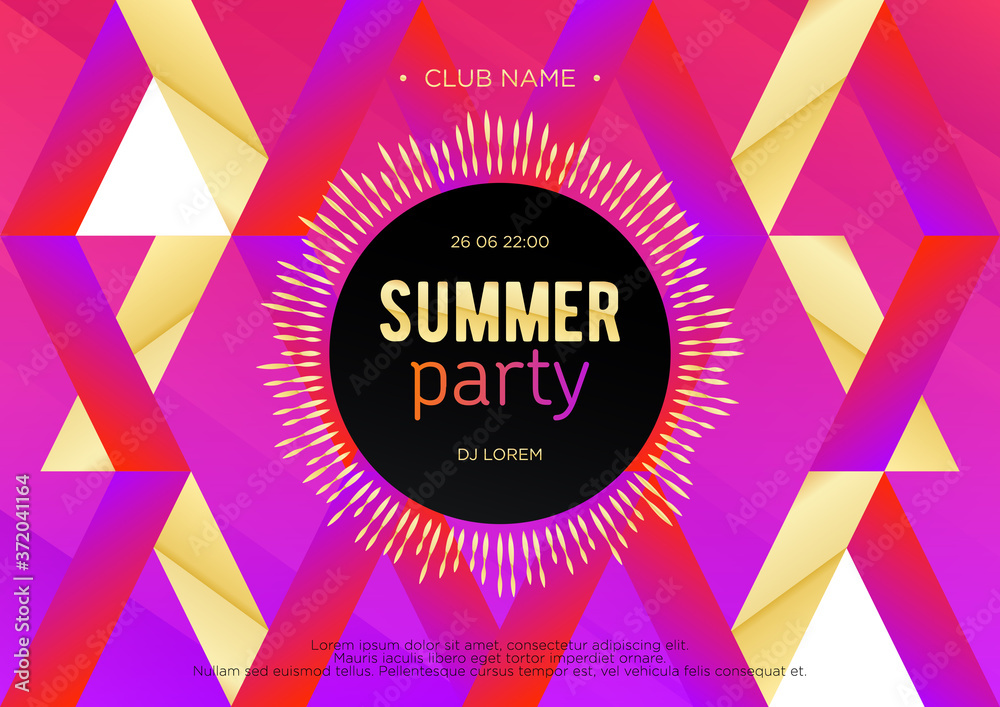Horizontal bright color summer party background with golden graphic ...