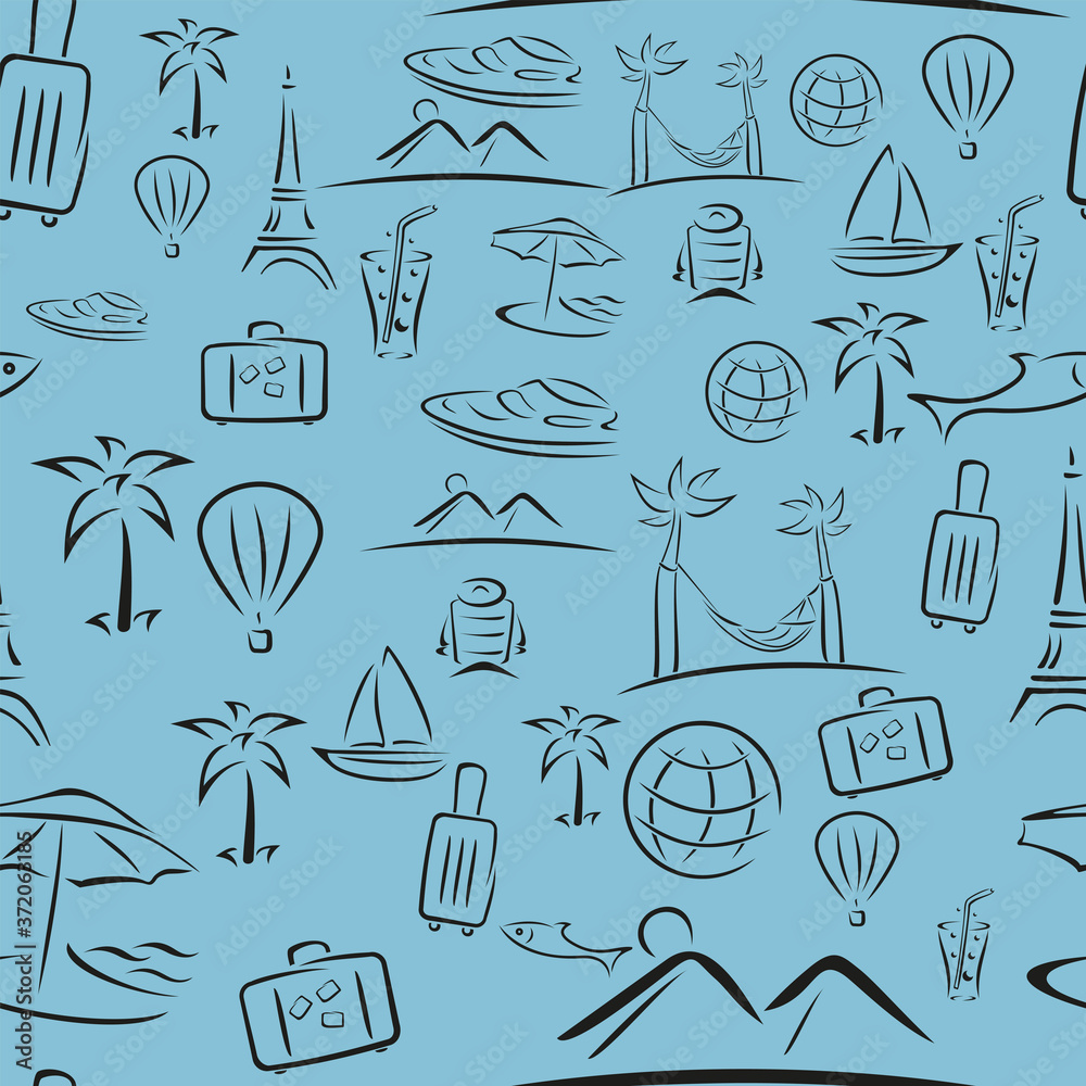 Travel pattern in the style of brush strokes. Seamless patterns. Set of ...