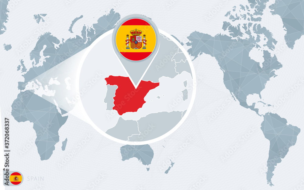 Pacific Centered World map with magnified Spain. Flag and map of Spain ...
