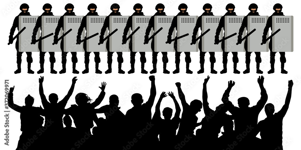 Confrontation of crowd of protesters with riot police. Silhouette ...