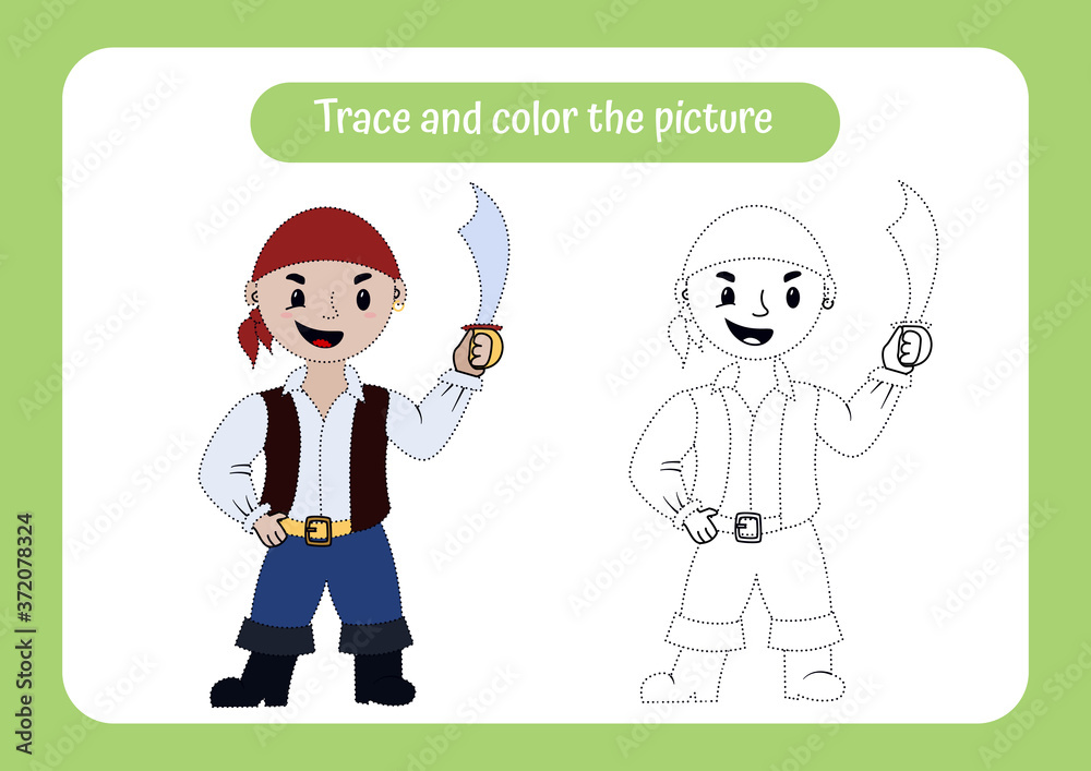 Little smiling pirate with saber. Trace and color the picture ...