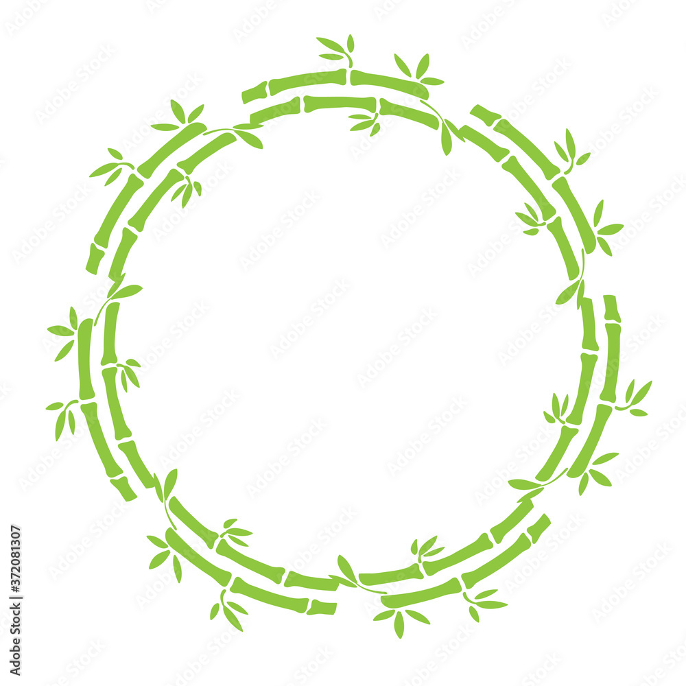 Green bamboo hand drawn round border element for card design on white ...