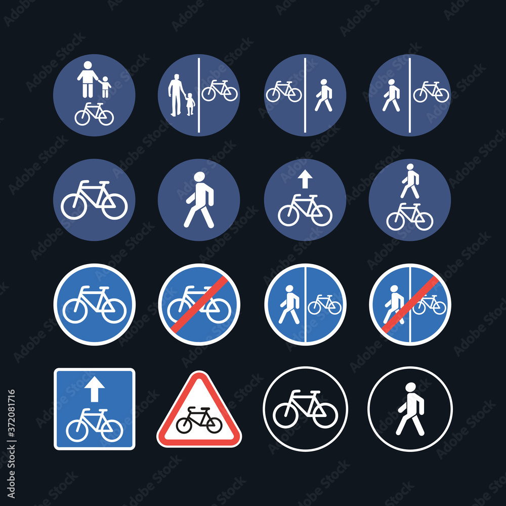 Bicycle and pedestrian traffic warning road signs - illustration icon ...