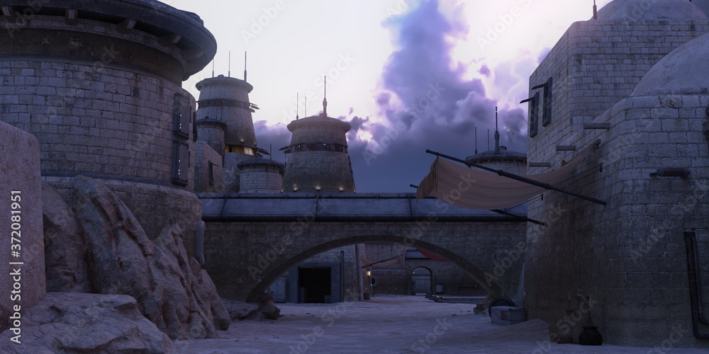 Futuristic fortress. Desert outpost against dramatic cloudscape. Stone ...