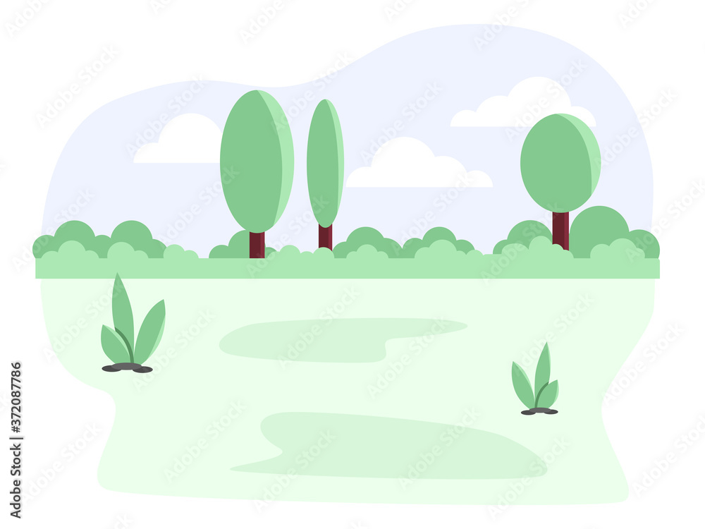 Park with forest background. Color vector flat cartoon illustration ...