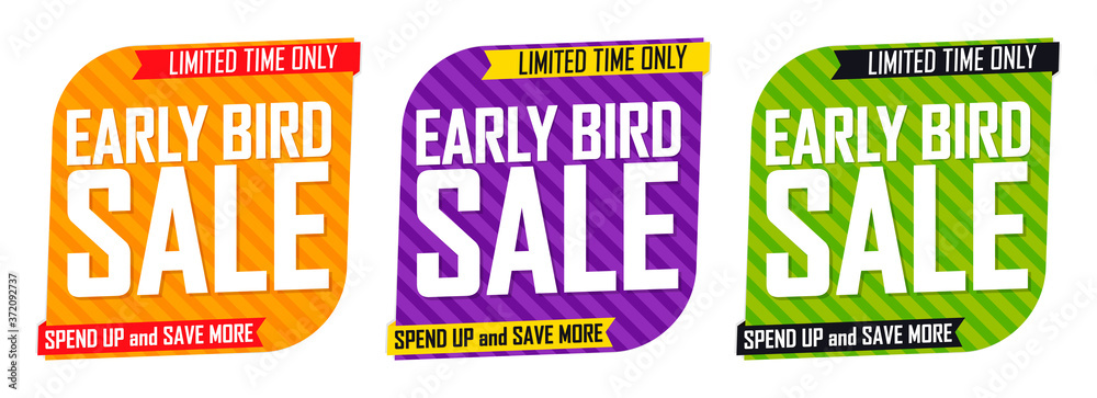 Set Early Bird Sale banners, discount tags design template, vector ...