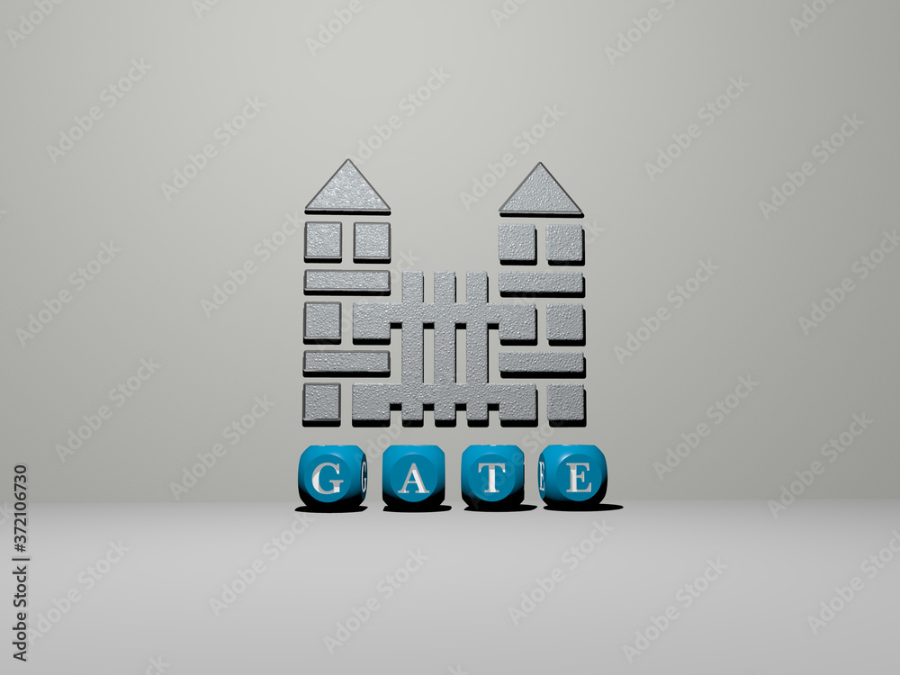 3D illustration of GATE graphics and text made by metallic dice letters ...
