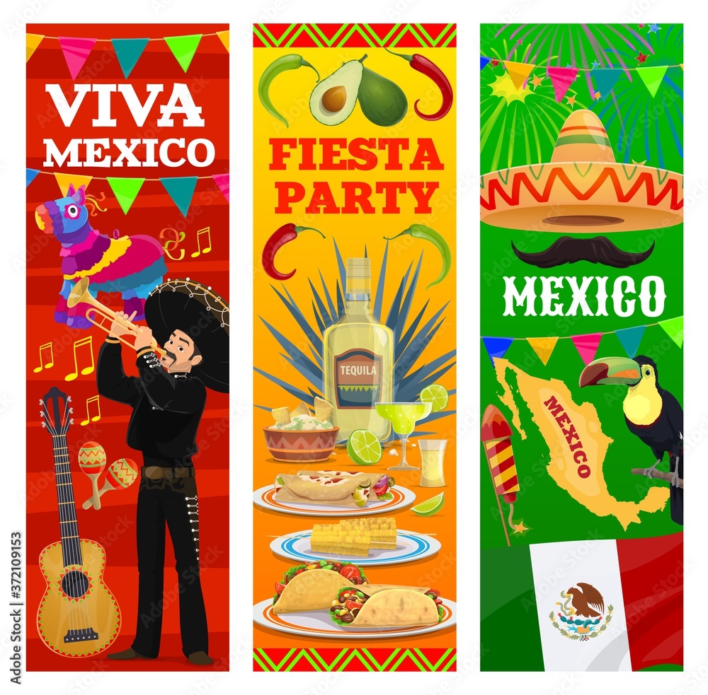 Mexican fiesta party vector banners with Mexico flag, map and food ...