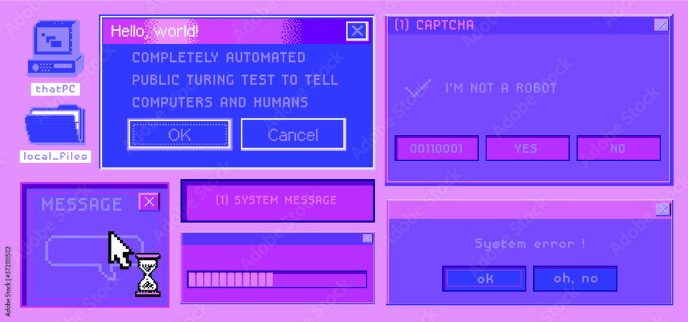 Old user interface elements, retro message box with buttons. Vaporwave and retrowave style ...