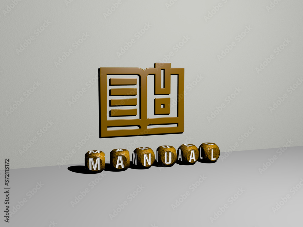manual 3D icon on the wall and text of cubic alphabets on the floor, 3D ...