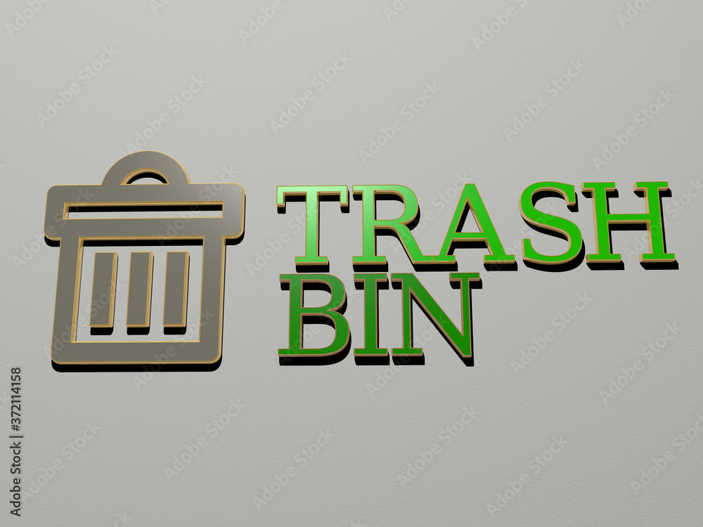 TRASH BIN icon and text on the wall, 3D illustration for garbage and ...