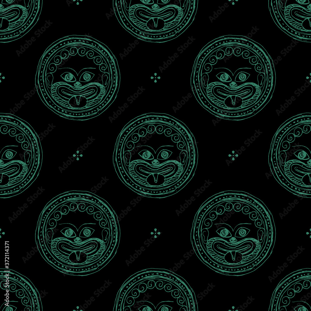 Seamless monochrome pattern with silhouetted heads of Medusa Gorgon ...
