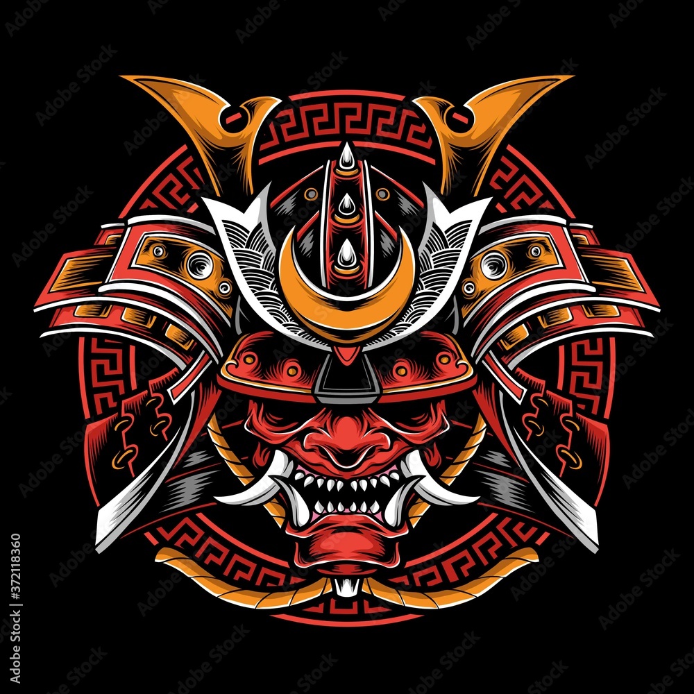 samurai helmet with oni mask vector Stock Vector | Adobe Stock