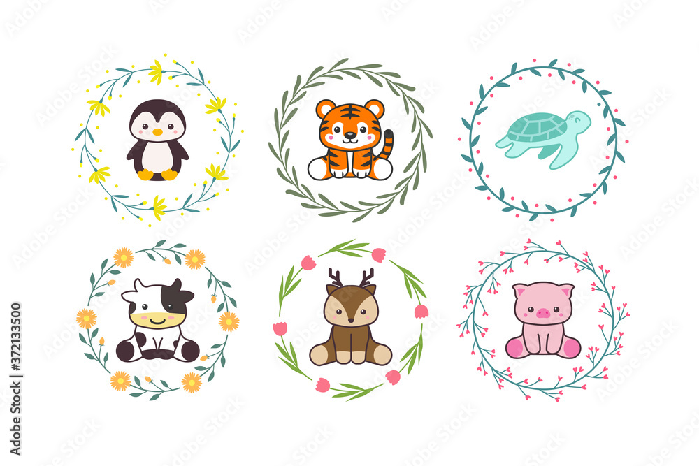 Cute baby animal with floral wreath or flower border cartoon hand drawn ...