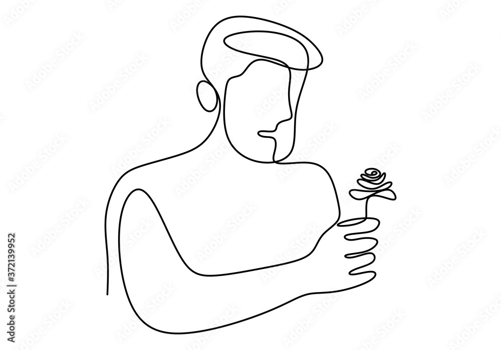 One continuous line drawing of a man holding beautiful flower. Handsome ...