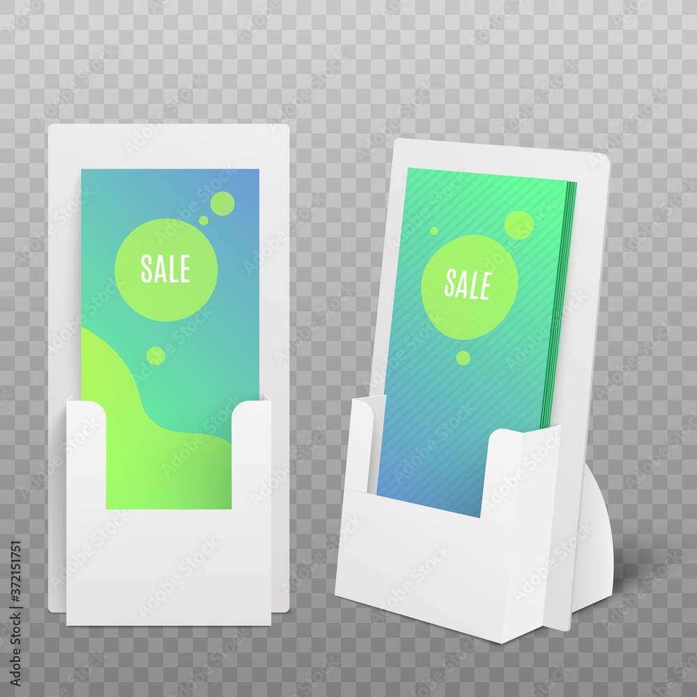 Flyers cardboard display mockups set, realistic vector illustration ...