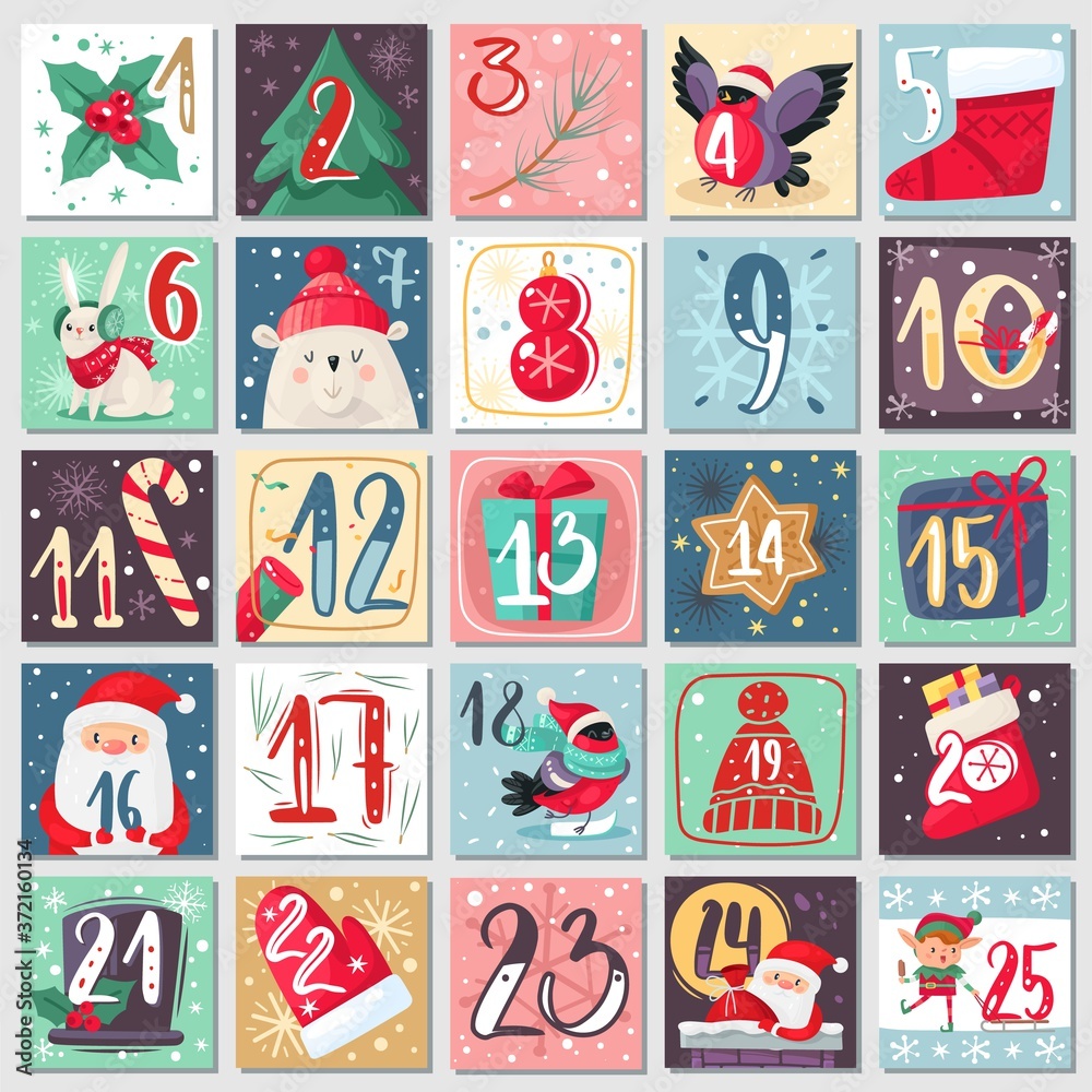 Christmas advent calendar. Winter festive poster with rabbit, bear and ...