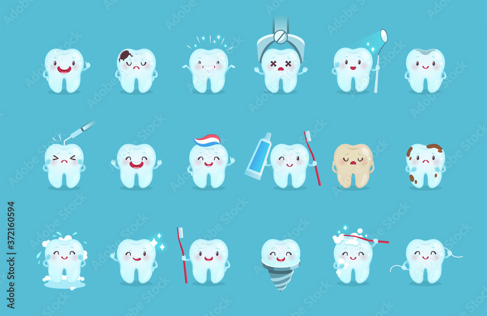 Cartoon teeth. Cute tooth characters with emotions and hygiene tools ...