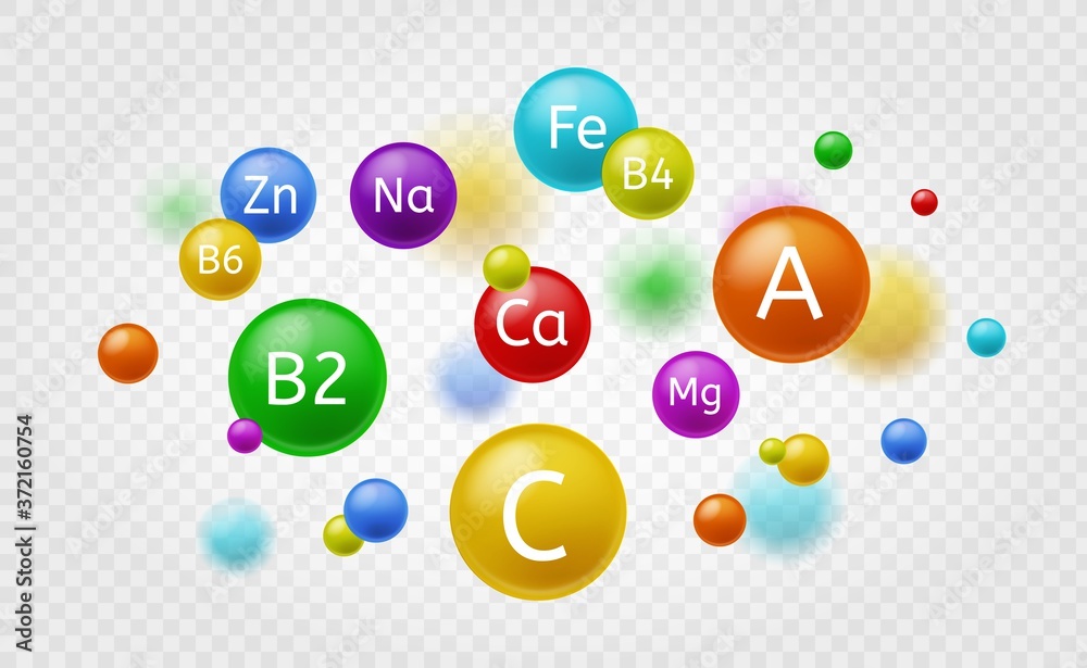 Essential vitamin. Colorful balls vitamins, multivitamin capsule ...