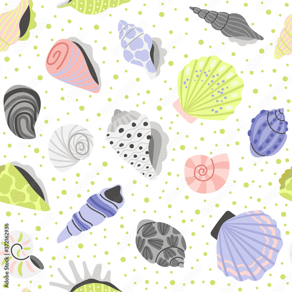 Decoration seashells seamless pattern. Cartoon sea conchas, hand drawn ...