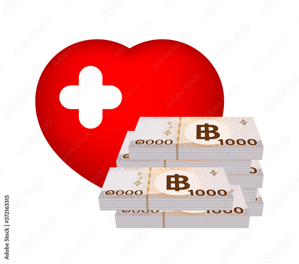 pile 1,000 baht thai banknote money and red heart shape with plus sign ...