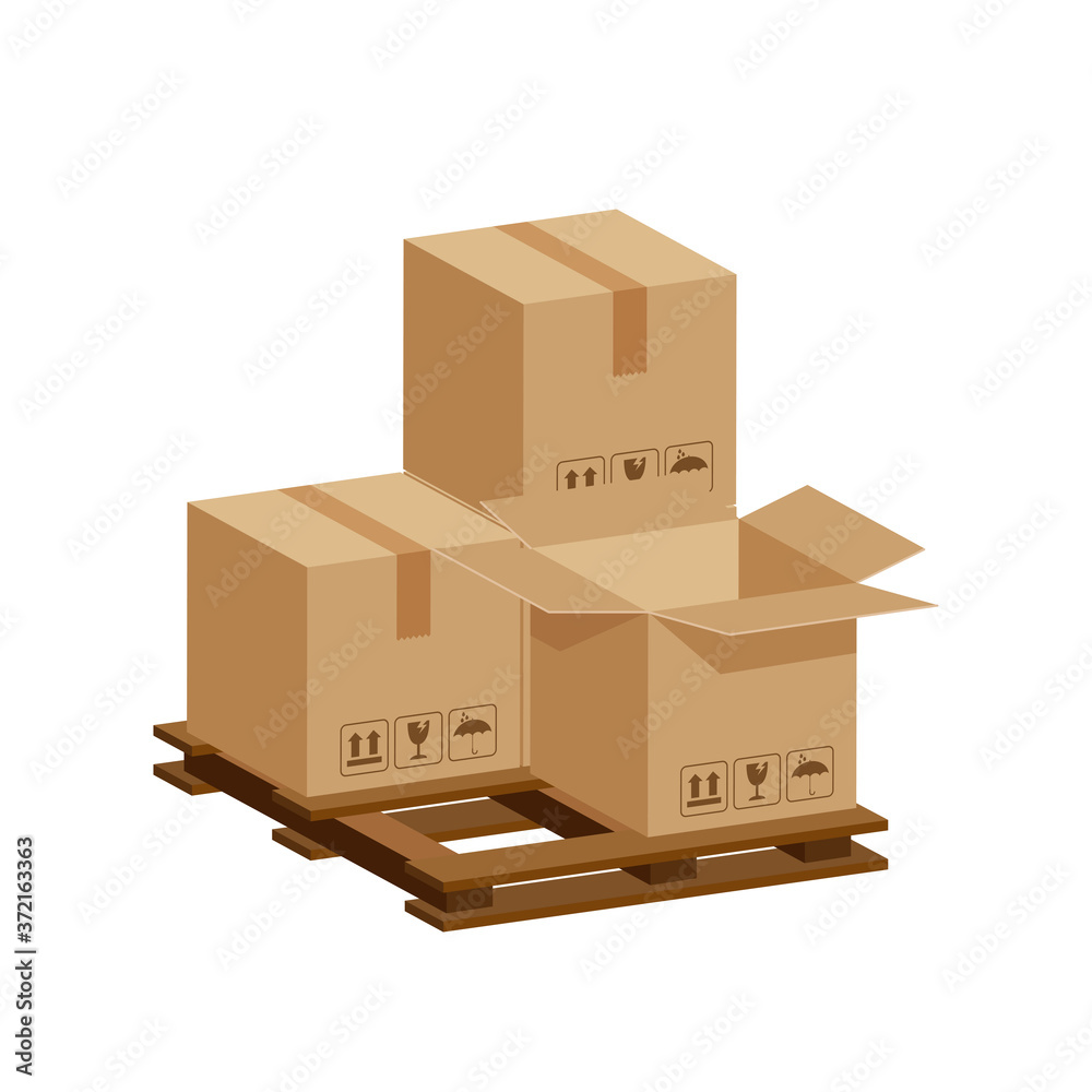pile crate boxes open on wooden pallet, wood pallet with cardboard box ...