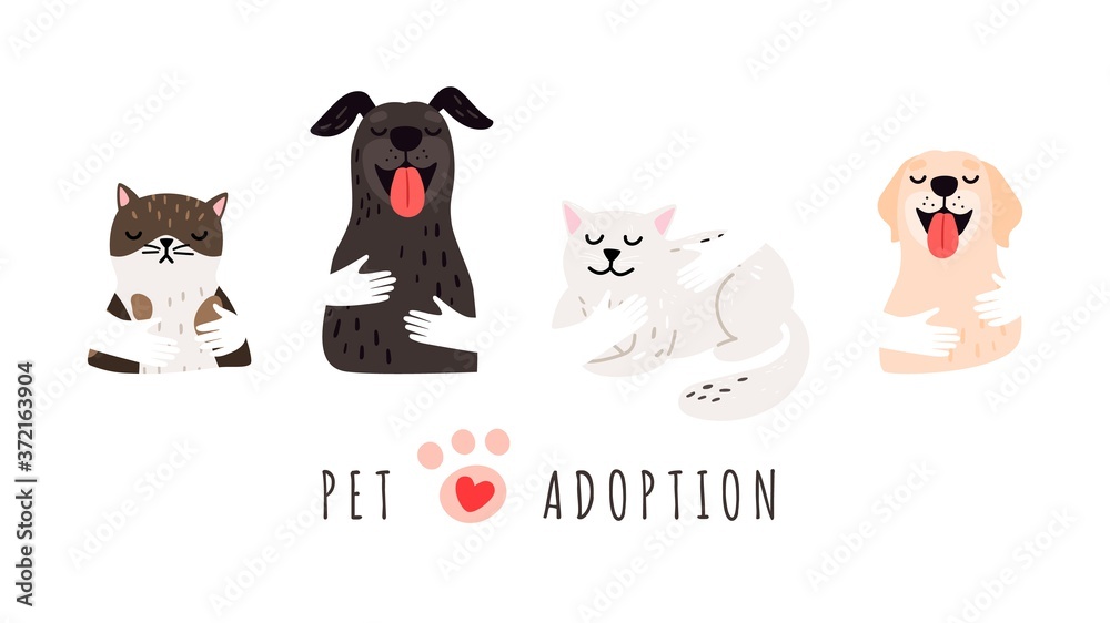 Pet adoption. Hands holding dogs cats, shelter banner. Isolated cute ...