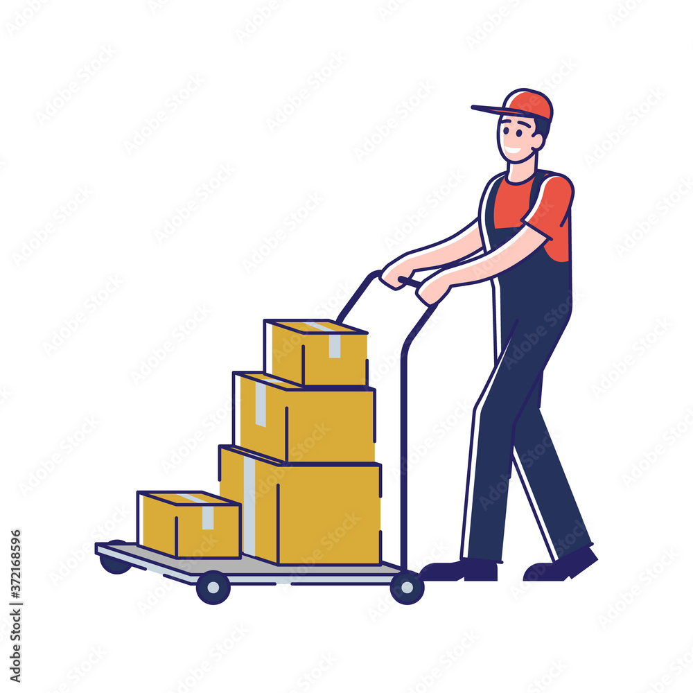 Delivery man with parcel boxes on trolley. Boy courier shipping mail ...