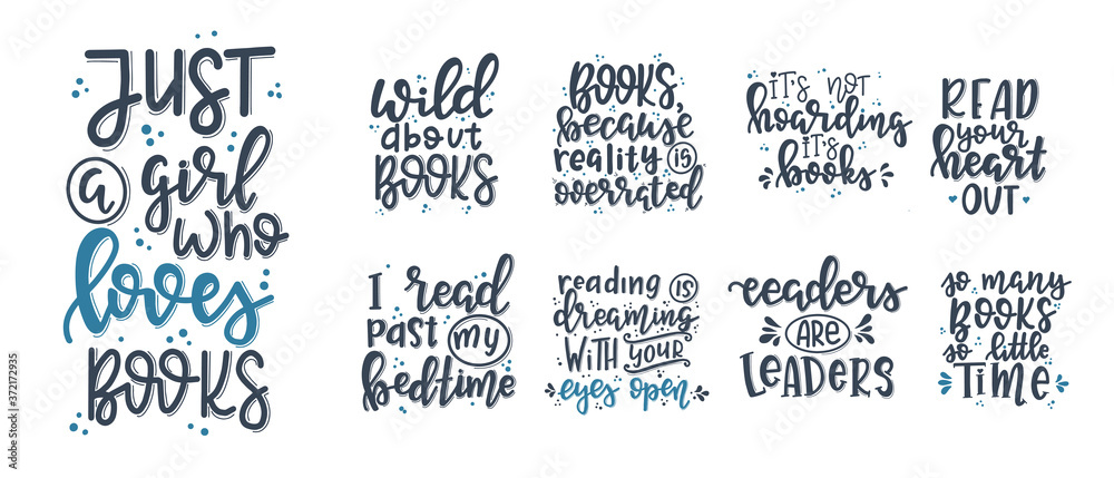 Books and reading lettering set Hand drawn typography poster ...