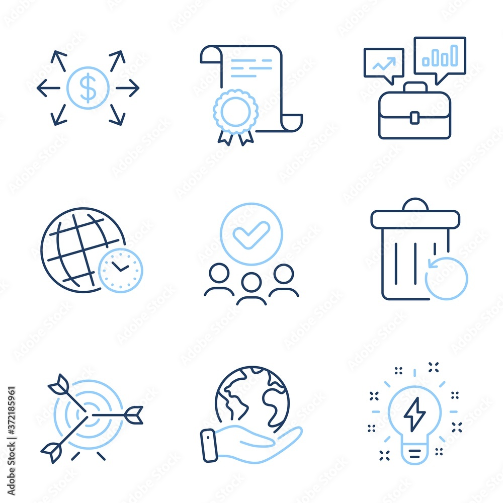 Recovery trash, Dollar exchange and Inspiration line icons set. Diploma ...