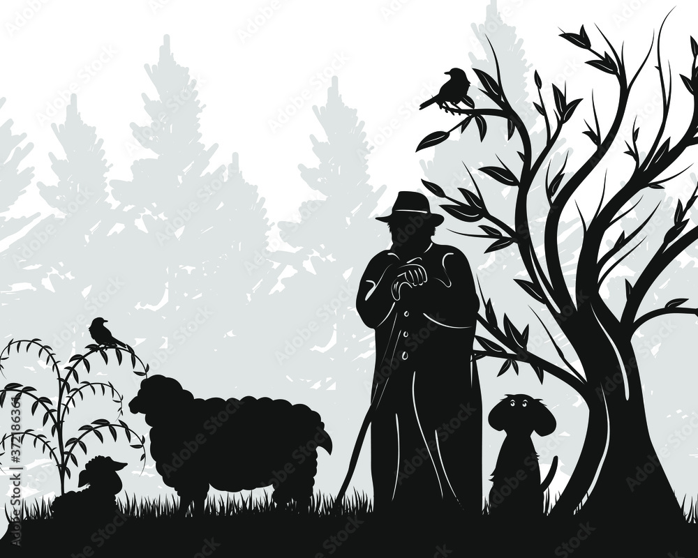Vector silhouette of a shepherd with his sheep and dog with trees and ...