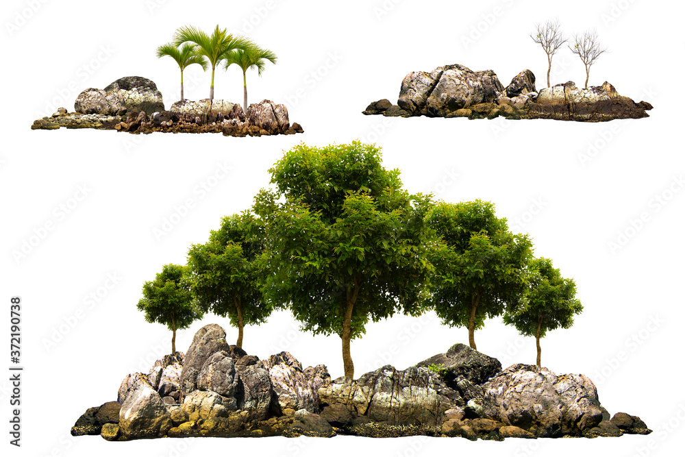 The trees. Mountain on the island and rocks.Isolated on White ...